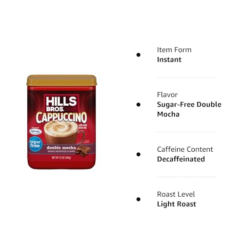 Hills Bros. Instant Cappuccino Mix, Sugar Free Double Mocha (12 Oz, Pack of 1) – Convenient and Versatile, Instant Hot or Iced Coffee, Frothy & Rich Chocolate Flavor - Just Add Water