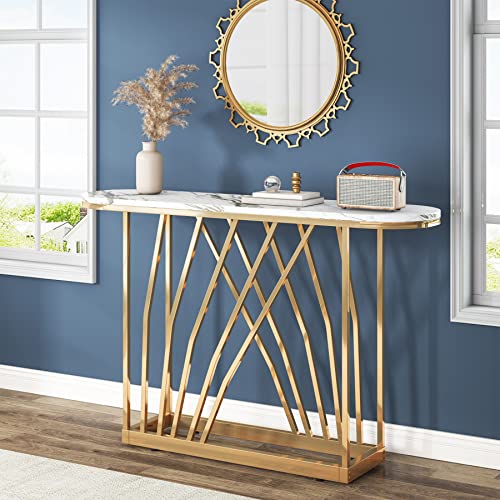 Tribesigns Gold Console Table, 43" Modern White Sofa Couch Table with Faux Marble, Oval Wooden Hallway Foyer Table, Narrow Entryway Table with Metal Frame for Living Room Bedroom Entrance