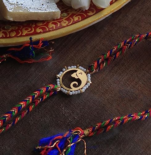 Abhika Creations Golden Beaded Divinity Rakhi for Brother Rakhsha Bandhan Handmade Designer Indian Rakhi