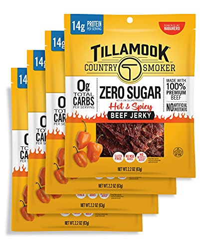 Tillamook Country Smoker Keto Friendly Zero Sugar Beef Jerky, Hot & Spicy, 2.2 Ounce (Pack of 4)