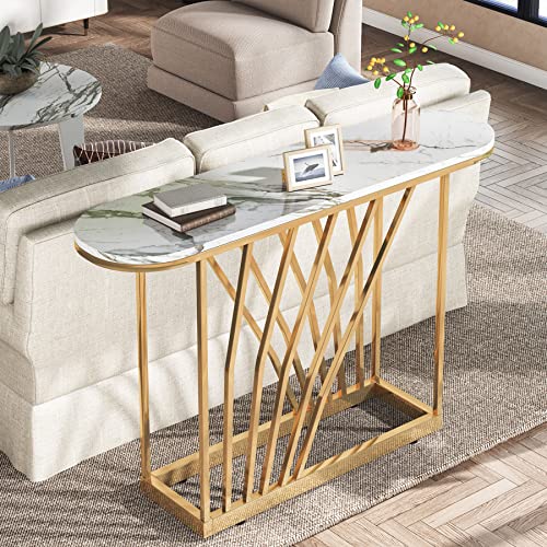 Tribesigns Gold Console Table, 43" Modern White Sofa Couch Table with Faux Marble, Oval Wooden Hallway Foyer Table, Narrow Entryway Table with Metal Frame for Living Room Bedroom Entrance