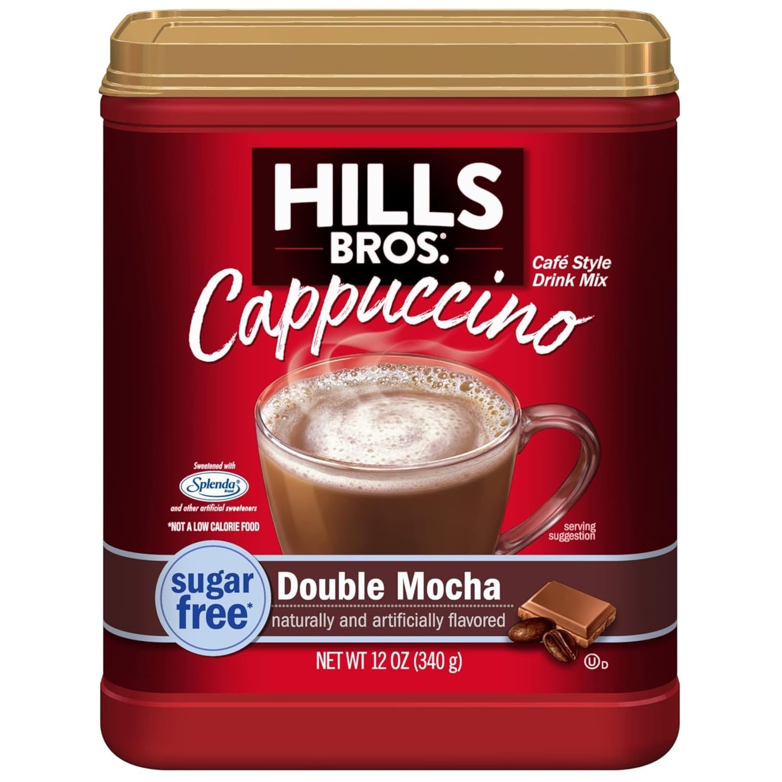 Hills Bros. Instant Cappuccino Mix, Sugar Free Double Mocha (12 Oz, Pack of 1) – Convenient and Versatile, Instant Hot or Iced Coffee, Frothy & Rich Chocolate Flavor - Just Add Water