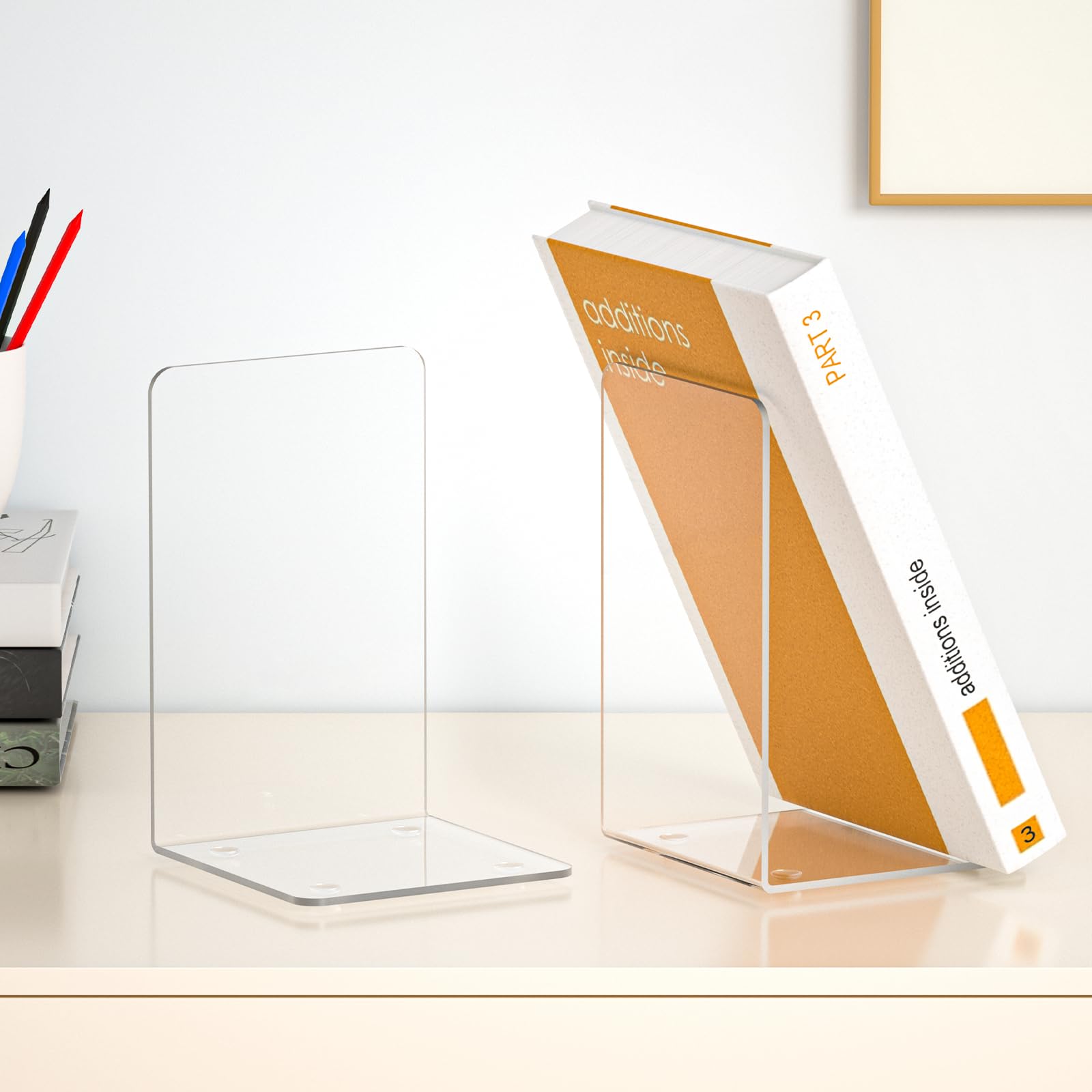 Bookend, DRLIFE Clear Acrylic Bookends for Shelves, Book End, Book Stopper for Heavy Duty Books, CDs, Video Games (1 Pair/2 Pieces)