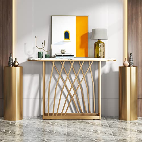 Tribesigns Gold Console Table, 43" Modern White Sofa Couch Table with Faux Marble, Oval Wooden Hallway Foyer Table, Narrow Entryway Table with Metal Frame for Living Room Bedroom Entrance