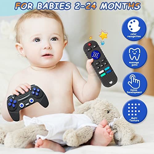 Mgtfbg 2-Pack Silicone TV Remote Control & Gaming Handle Teething Toys for Babies 6-18 Months, Boys Girls Baby Molar Teether Chew Toys Set Gift(Black)