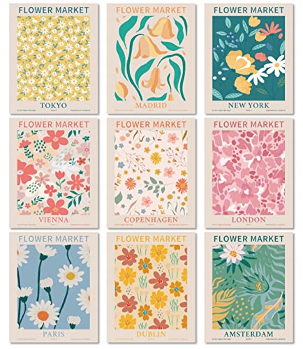 MINI ZOZI Flower Market Posters Wall Art Prints 9PCS 8x10 Aesthetic Danish Pastel Matisse Floral Flower Print Poster Set Trendy For Dorm Room Decor Decorations Cute Flowers Unframed Paintings Collage Sets