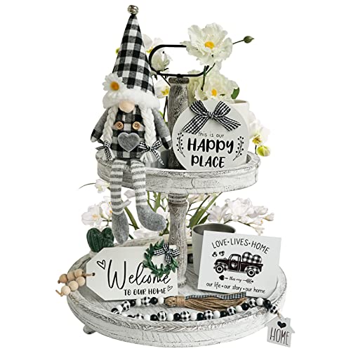 Farmhouse Tiered Tray Decor, Plaid Gnomes Plush Home Kitchen Decor,3X Premium Home Wood Signs with Handmade Artificial Green Garland,Buffalo Plaid Beads Garland, Farmhouse Kitchen Table Tiered Tray Decorations