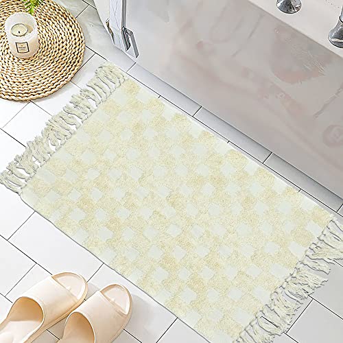 Zeeinx Boho Bathroom Rugs 2'x3' Cotton Hand Woven Area Rug with Tassels Cute Checkerboard Tufted Rug Farmhouse Throw Rug for Laundry Bedroom Living Room Entryway