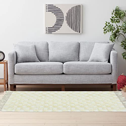 Zeeinx Boho Bathroom Rugs 2'x3' Cotton Hand Woven Area Rug with Tassels Cute Checkerboard Tufted Rug Farmhouse Throw Rug for Laundry Bedroom Living Room Entryway