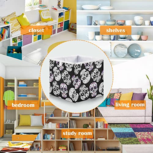 Sugar Skulls Flowers Storage Bins Cubes Storage Baskets Fabric Foldable Collapsible Decorative Storage Bag with Handles for Shelf Closet Bedroom Home Gift 11" x 11" x 11"