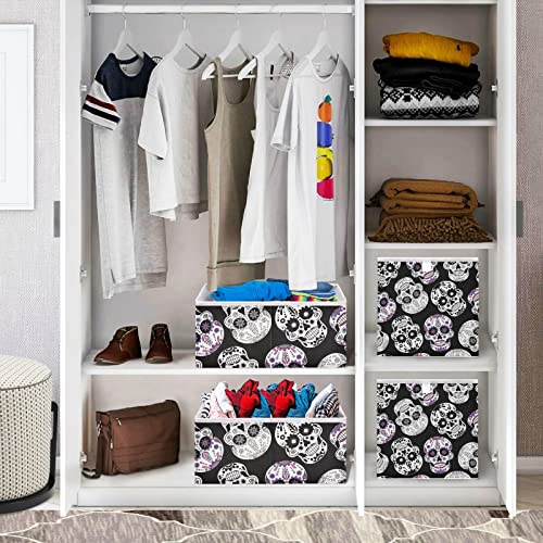 Sugar Skulls Flowers Storage Bins Cubes Storage Baskets Fabric Foldable Collapsible Decorative Storage Bag with Handles for Shelf Closet Bedroom Home Gift 11" x 11" x 11"
