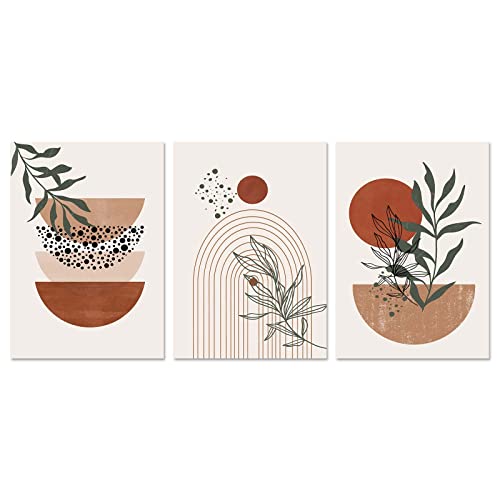 Boho Wall Art Prints, Boho Wall Decor, Mid Century Modern Wall Art, Set of 3 Prints, Abstract Geometric Prints Black Beige Terracotta Minimalist Art, Natural Framed Canvas Prints Artwork For Living Room Bathroom Bedroom Wall Decor