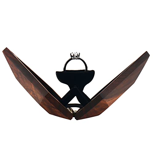Yookin Wooden Engagement Ring Box Rotating Magnetic Closure Ring Storage Case Portable Pentagon Ring Box Ring Holder for Proposal,Wedding Ceromony(Black walnut)