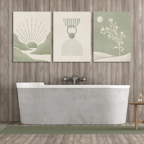 Minimalist Boho Wall Art Set of 3, Abstract Wall Art Mid-Century Modern Art Print, Sage Green Neutral Geometric Canvas Artwork Posters for Living Room, Bedroom, Bathroom, Gallery, Boho Room Decor 12"x16", Framed