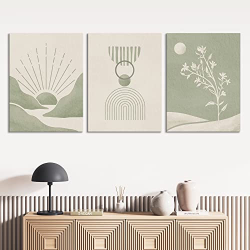 Minimalist Boho Wall Art Set of 3, Abstract Wall Art Mid-Century Modern Art Print, Sage Green Neutral Geometric Canvas Artwork Posters for Living Room, Bedroom, Bathroom, Gallery, Boho Room Decor 12"x16", Framed