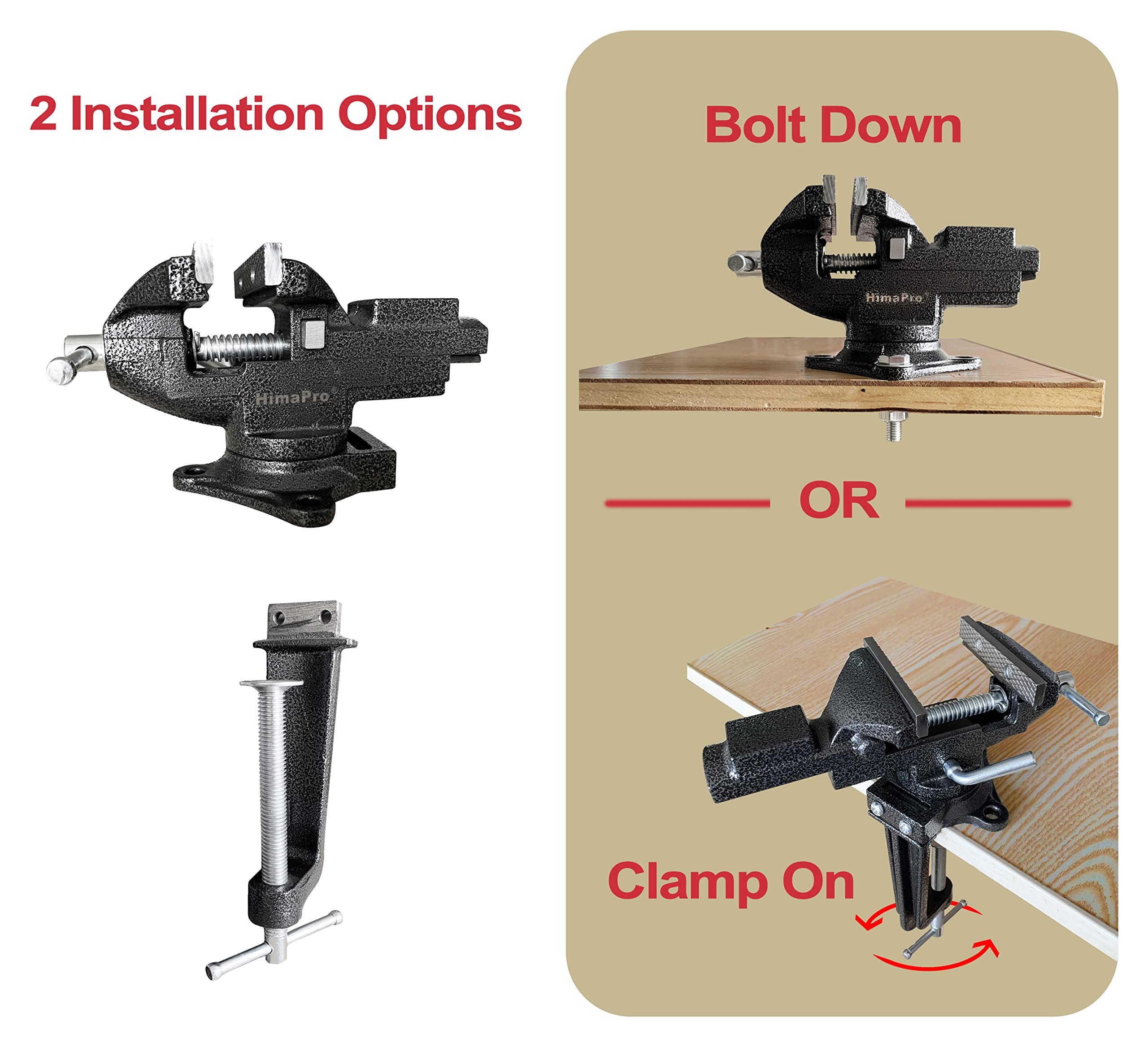 HimaPro Dual Purpose Bench Vise | Table Vise Clamp-On with Quick Adjustment Universal Rotate 360° - 3.3Inch Metallic Black - Portable Vise for Woodworking, Metal Stamping, and DIY Jobs