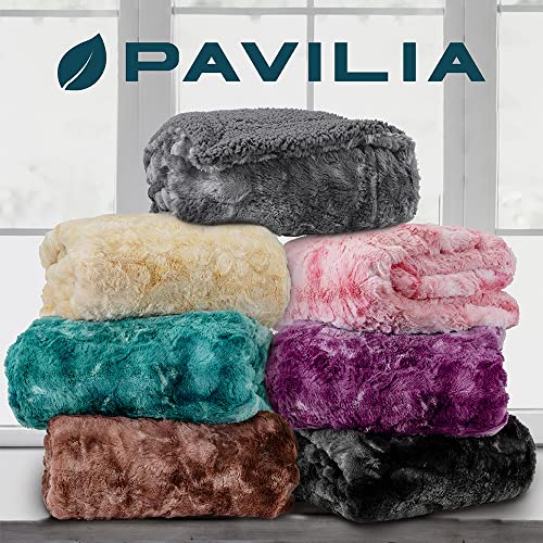 PAVILIA Soft Fuzzy Faux Fur Bed Blanket, Queen Tie-Dye Black, Fluffy Furry Warm Sherpa Blanket Fleece Throw for Bed, Sofa, Couch, Decorative Shag Plush Comfy Thick Throw Blanket, 90x90