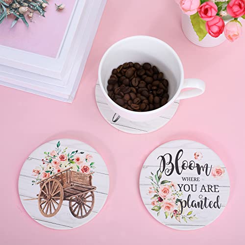 Whaline Spring Coasters 6 Pack Rustic Farmhouse Drink Coaster Truck Floral Flower Ceramic Coaster Cup Mat for Mugs Cups Home Kitchen Party Supplies, 4.1 x 0.3 Inch
