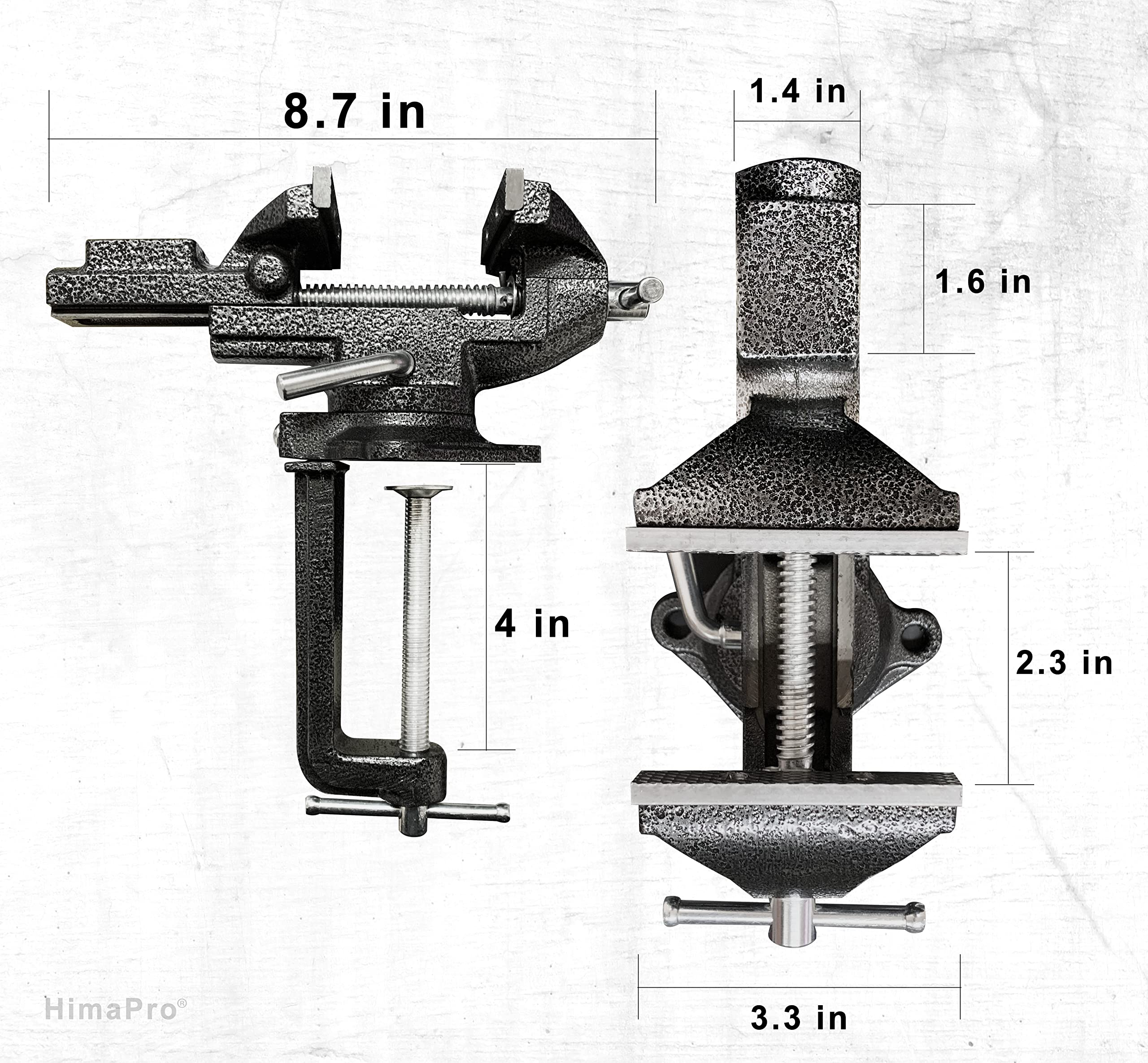 HimaPro Dual Purpose Bench Vise | Table Vise Clamp-On with Quick Adjustment Universal Rotate 360° - 3.3Inch Metallic Black - Portable Vise for Woodworking, Metal Stamping, and DIY Jobs