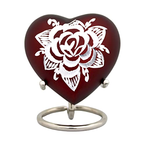 Red Rose Keepsake Urn for Human Ashes - Holds (3 Cu/in) of Ashes - Height 2.9" Approx. - Mini Heart Urn with Stand & Box - Perfect Mini Red Urn for Ashes - Honor Your Loved One with a Small Urn Rose