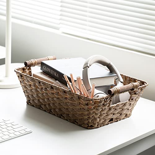 ROSOS Wicker Baskets 2 Pack, Washable Big Wicker Baskets for Storage with Wooden Handles, Waterproof Plastic Wicker Storage Basket for Shelves, Large Wicker Basket in Size 14.5"x10.6"x4.5", Brown