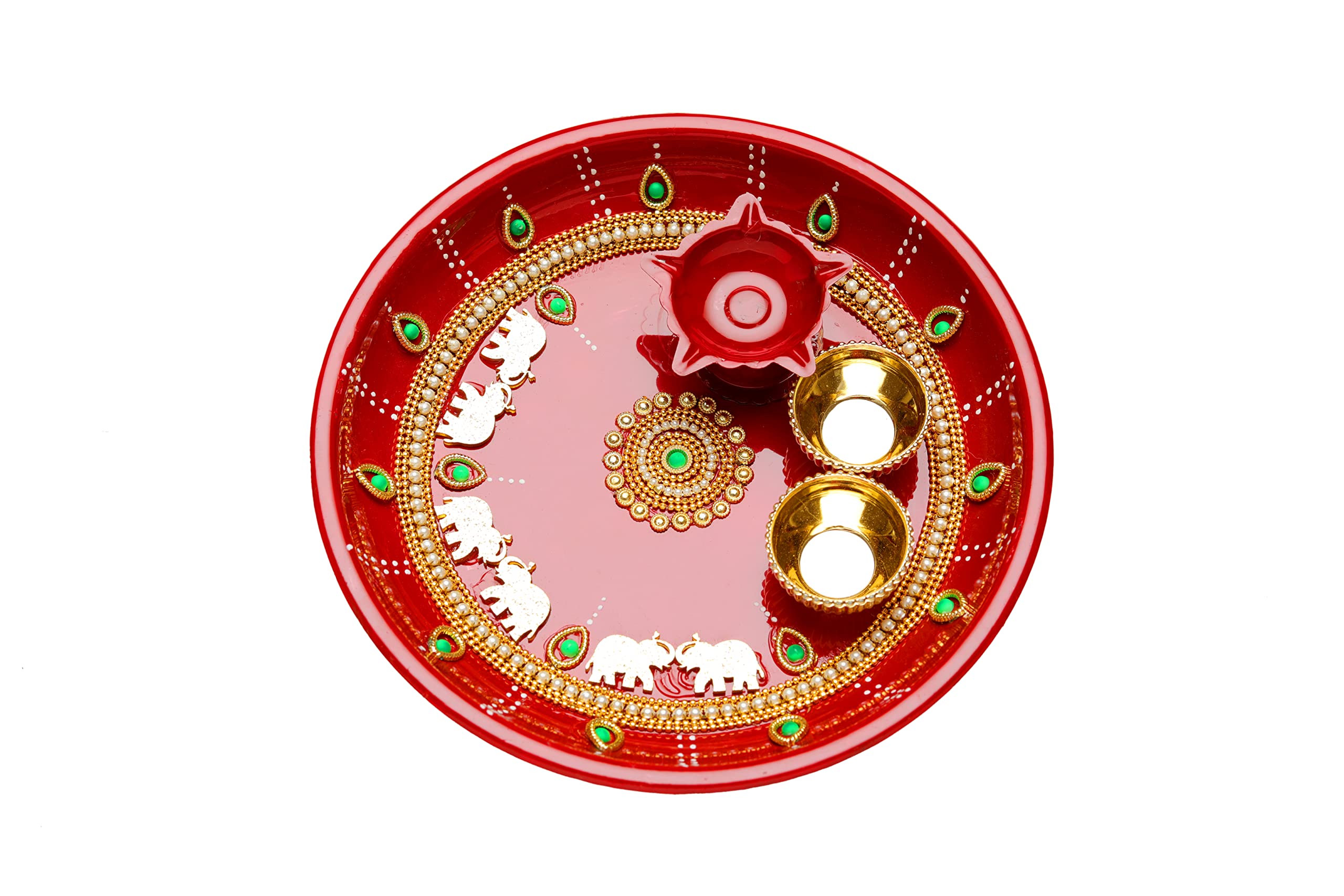 Decorative Red Thali Plate Platter with Rakhi for Brother small Decorative Puja Pooja Thali with Thread for Bhai Bhabhi Festival Raksha Bandhan Gift Set, Aarti Pooja Rituals & Gifting ( Size- 6")