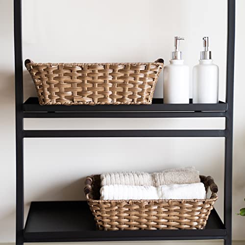 ROSOS Wicker Baskets 2 Pack, Washable Big Wicker Baskets for Storage with Wooden Handles, Waterproof Plastic Wicker Storage Basket for Shelves, Large Wicker Basket in Size 14.5"x10.6"x4.5", Brown