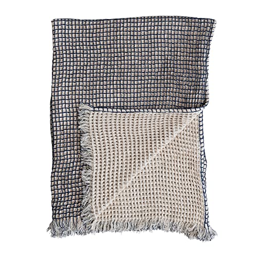 Creative Co-Op 2-Sided Cotton Waffle Weave Fringe, Natural and Navy Throw Blanket, Blue