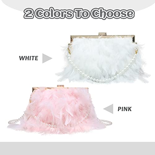 Emprier Feather Pearl Clutch Purses For Women Pearl Chain Shoulder Bag Wedding Party Evening Dress Bag