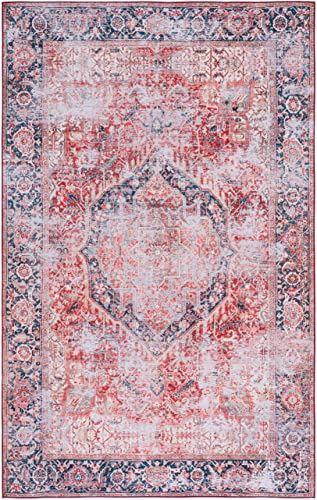 SAFAVIEH Tucson Collection Machine Washable Slip Resistant 5' x 8' Rust/Navy TSN177P Vintage Persian Medallion Distressed Living Room Dining Bedroom Area Rug