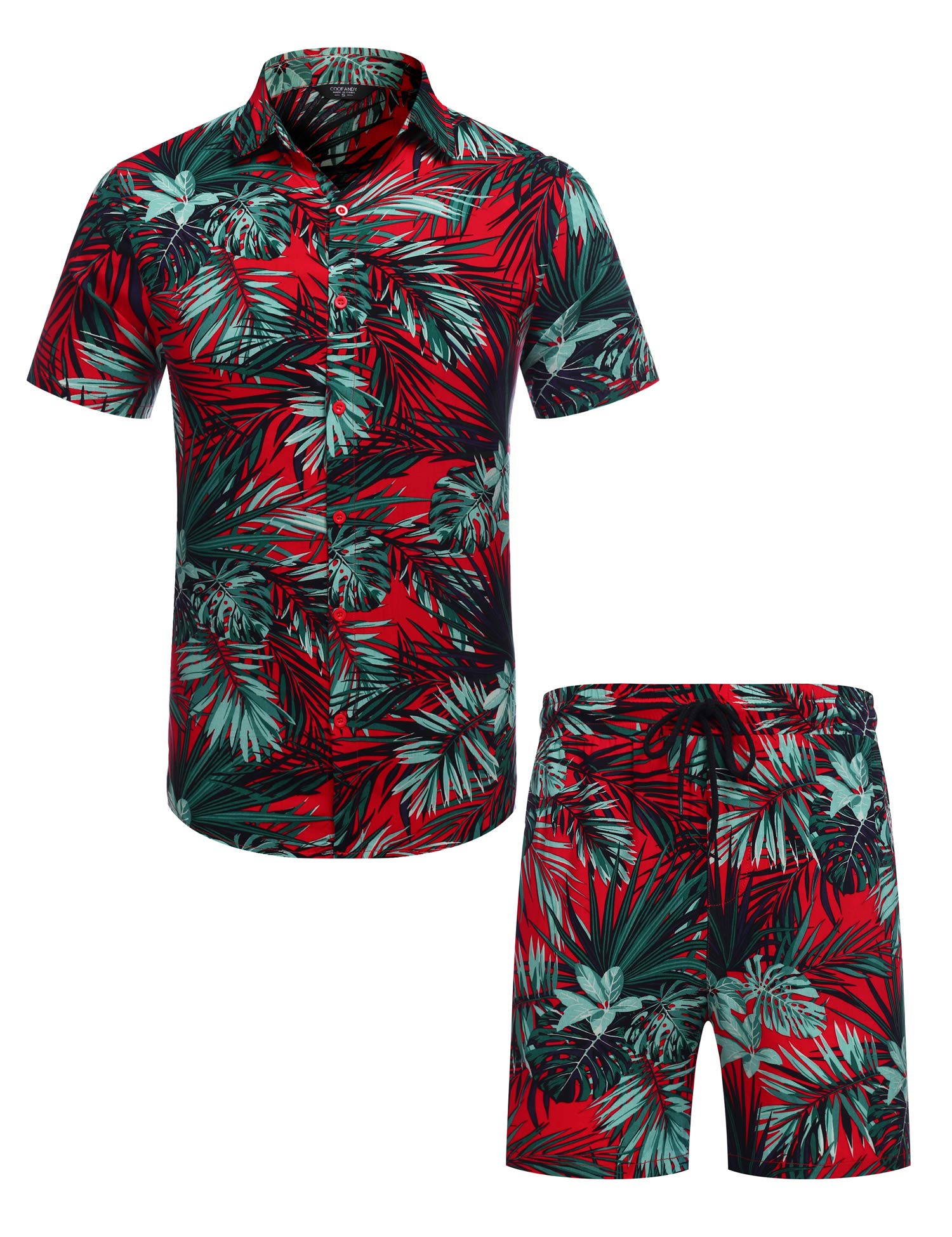 COOFANDY Men's Casual Floral Print Shirt Set Short Sleeve Tropical Leaves Shirt Summer Beach 2 Piece Short Set