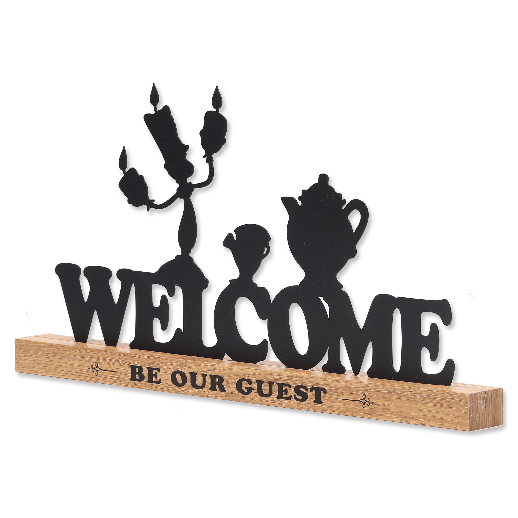 Disney Beauty and the Beast Welcome Be Our Guest Tabletop Decor - Lumiere, Chip, and Mrs. Potts Metal Silhouettes on Natural Wood Base