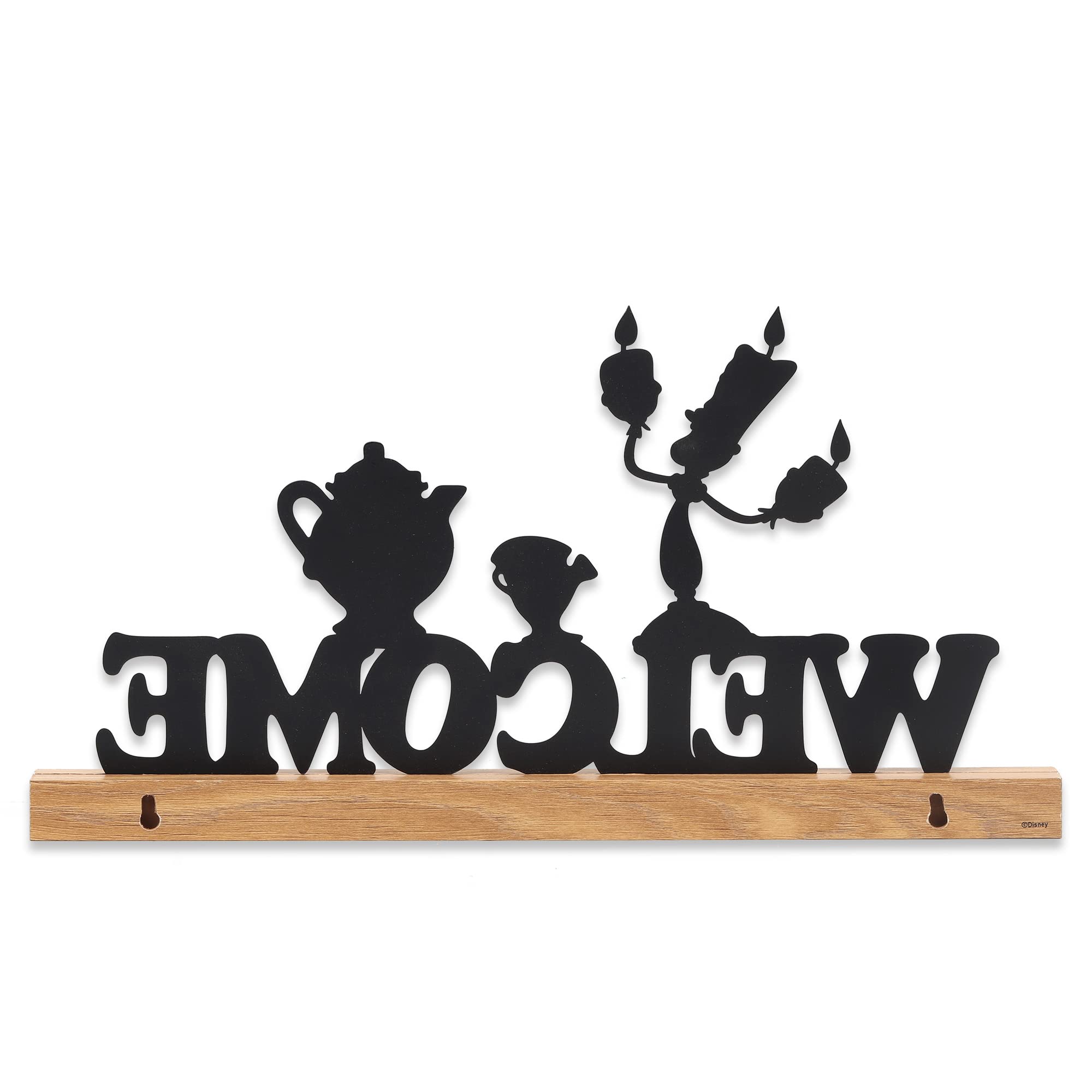 Disney Beauty and the Beast Welcome Be Our Guest Tabletop Decor - Lumiere, Chip, and Mrs. Potts Metal Silhouettes on Natural Wood Base