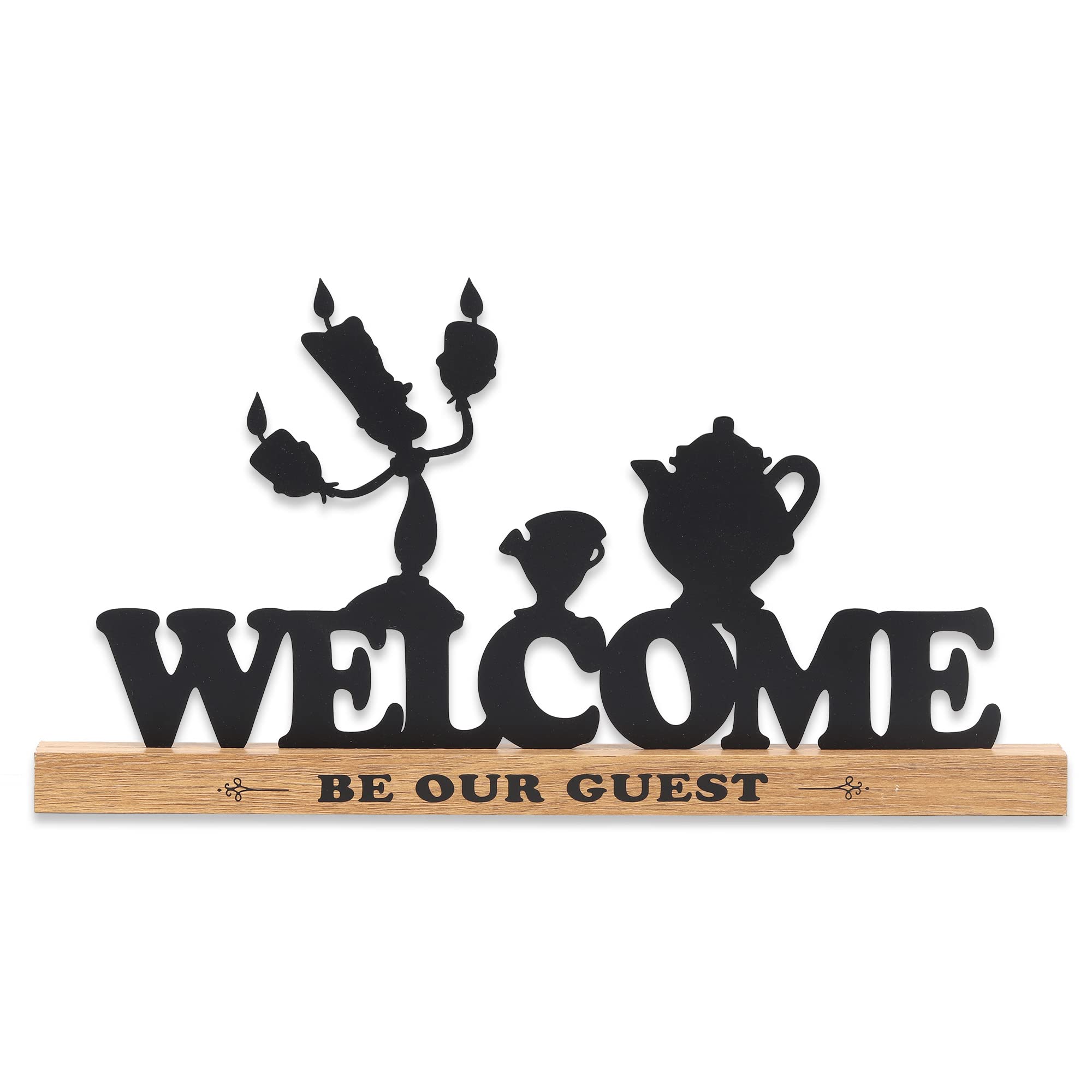 Disney Beauty and the Beast Welcome Be Our Guest Tabletop Decor - Lumiere, Chip, and Mrs. Potts Metal Silhouettes on Natural Wood Base