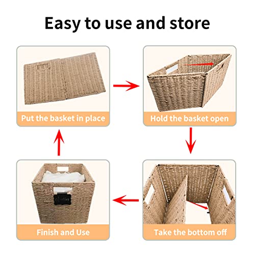 Foldable Wicker Storage Basket,Baskets for Shelves With Labels,3-Pack Pantry Baskets、Wicker Basket、Seagrass Baskets