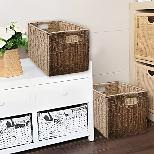 Foldable Wicker Storage Basket,Baskets for Shelves With Labels,3-Pack Pantry Baskets、Wicker Basket、Seagrass Baskets