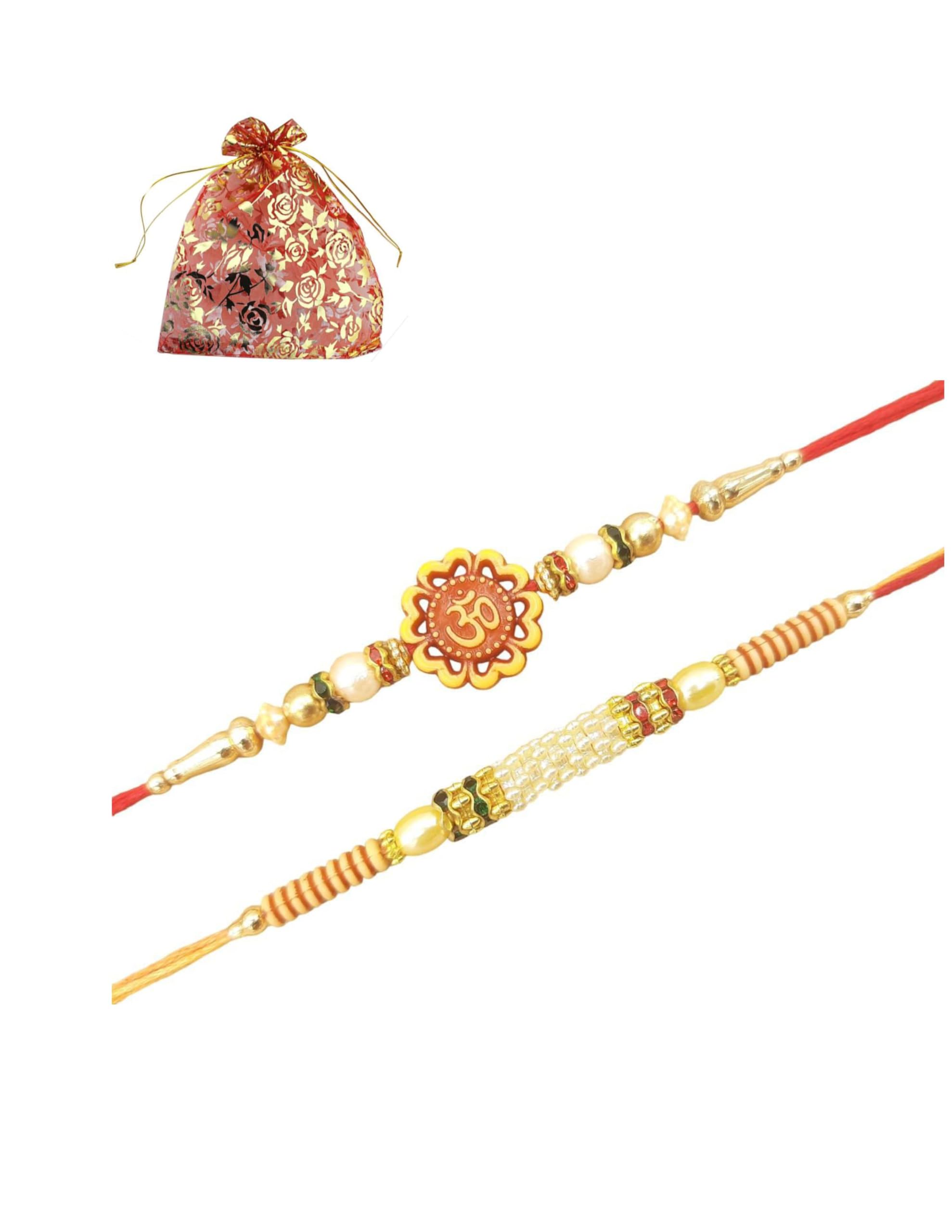Anika Shopify Rakhi for Brother Sister celebration. Designer Multicolor Stones Raksha Bandhan Rakhi Gift, for loving Brother, Sister, Father & family. (Design14- OM with fancy Rakhi Set of 2, Small)