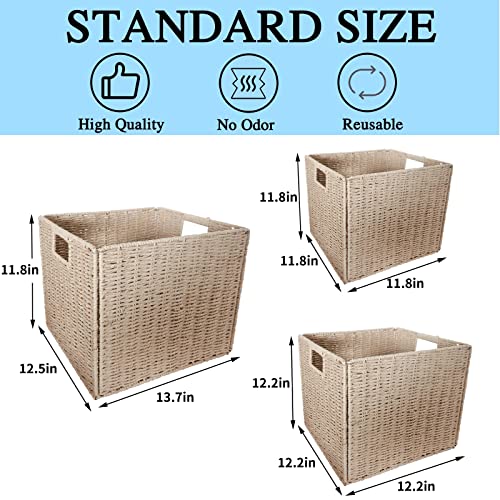 Foldable Wicker Storage Basket,Baskets for Shelves With Labels,3-Pack Pantry Baskets、Wicker Basket、Seagrass Baskets