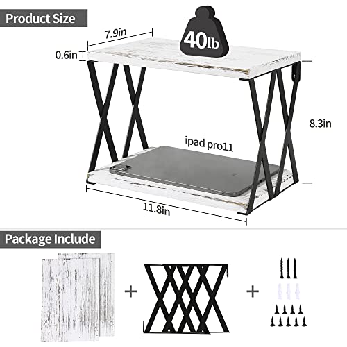 Sapowerntus Floating Nightstand Shelves Wall Mounted, 2 Tier Bedside Table for Bedroom, Rustic White Wood Basket Box Shelf with X Mental Bracket, Small Storage Decor in Bathroom Living Room