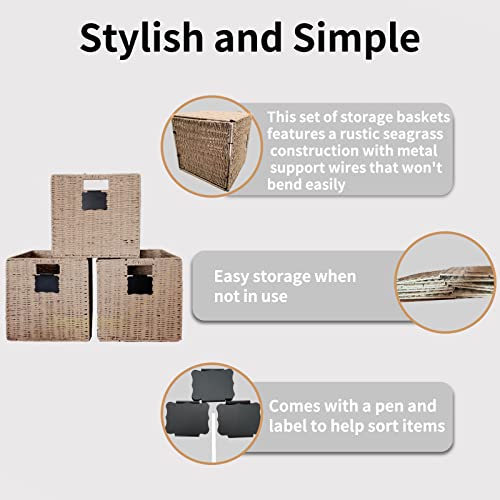 Foldable Wicker Storage Basket,Baskets for Shelves With Labels,3-Pack Pantry Baskets、Wicker Basket、Seagrass Baskets
