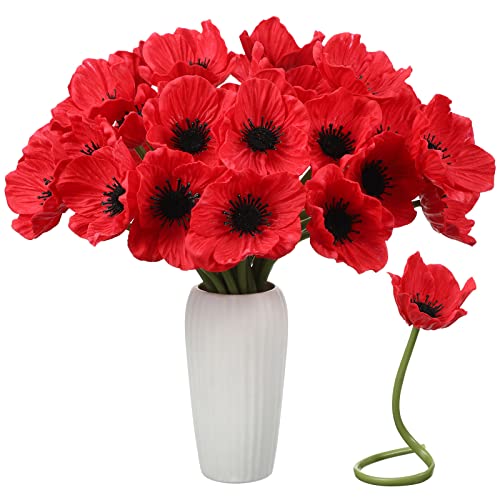 42 Pcs Artificial Poppy Flowers PU Real Touch Poppy Silk Flowers 11 Inch Poppy Anemone Stems Fake Flowers Table Centerpiece for Home Wedding Memorial Day Decor (Red)