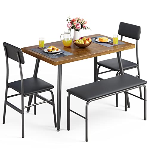 Gizoon Dining Table Set for 4, Kitchen Dining Table with Bench and 2 Chairs for Small Space, Apartment, Retro Brown