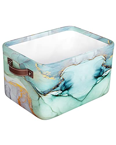 Qumstemily Marble Storage Bins for Shelves, Jade Texture Green Teal Collapsible Storage Boxes Basket for Bedroom/Kitchen, Closet Organizers with Handle, Marble Ink Paint Storage Cubes - 1 Pack