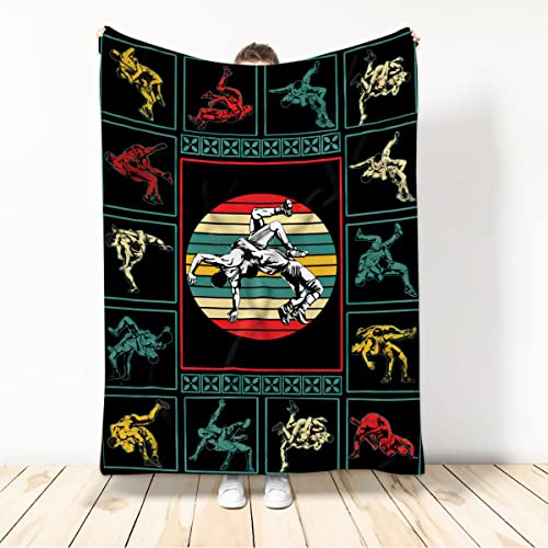 OhaPrints Patchwork Vintage Style Wrestling Posture Wrestler Gift Wrestling Fan Lover Soft Sherpa Throw Blankets Cozy Fuzzy Fleece Throws for Tv Sofa Couch Comfy Fluffy Blanket 30X40 50X60 60X80