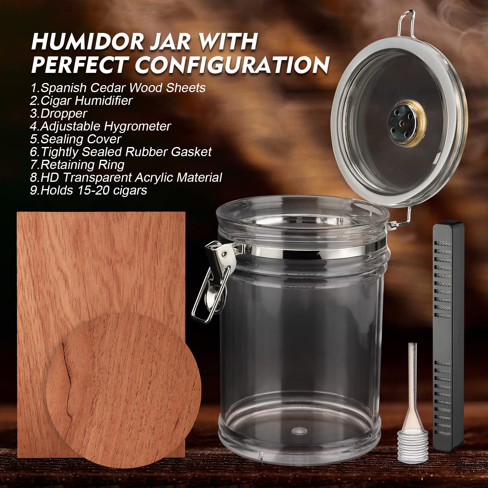 XIFEI Acrylic Humidor Jar with Humidifier and Hygrometer,humidor That can Hold About 18 Cigars (Clear)
