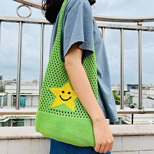 Fairycore Hobo Bag Y2K Fairy Grunge Star Crochet Tote Bag Aesthetic Indie Shoulder Handbags Grunge Mesh Purse Accessory (Beige)