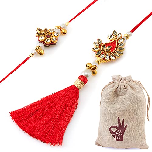 HATHKAAM 2 Pc Designer Rakhi for Brother and Bhabhi Traditional Handmade Rakhi Lumba Set for Bhai Bhabhi Decorative Set of Lumba Rakhi for Bhaiya Bhabhi Combo Gift for Rakhsha Bandhan (HKRL026)