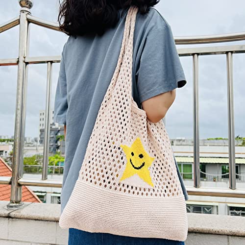Fairycore Hobo Bag Y2K Fairy Grunge Star Crochet Tote Bag Aesthetic Indie Shoulder Handbags Grunge Mesh Purse Accessory (Beige)