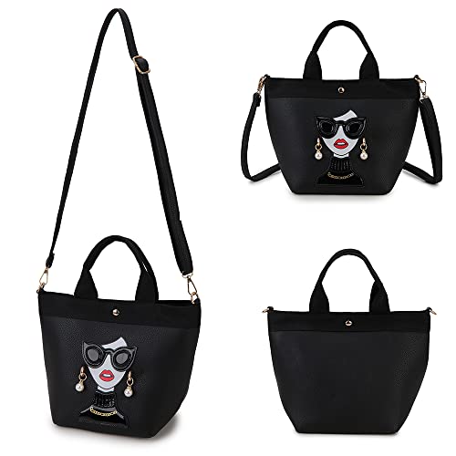 ENJOININ Funky Lady Face Purse for Women Casual Shopping Bag Top Handle Satchel Handbags Pu Leather Shoulder Bag Totes (Black A)