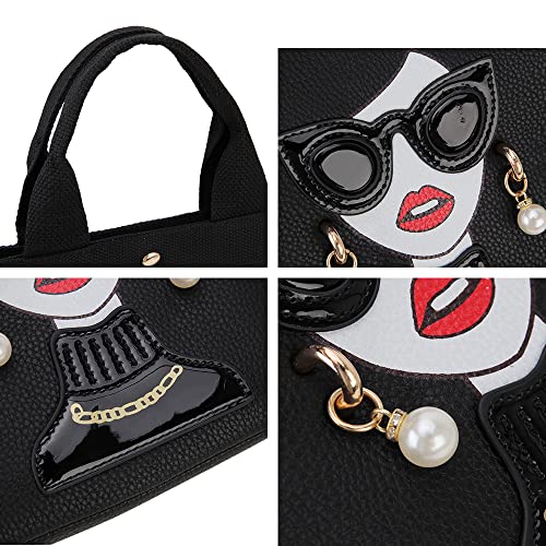 ENJOININ Funky Lady Face Purse for Women Casual Shopping Bag Top Handle Satchel Handbags Pu Leather Shoulder Bag Totes (Black A)
